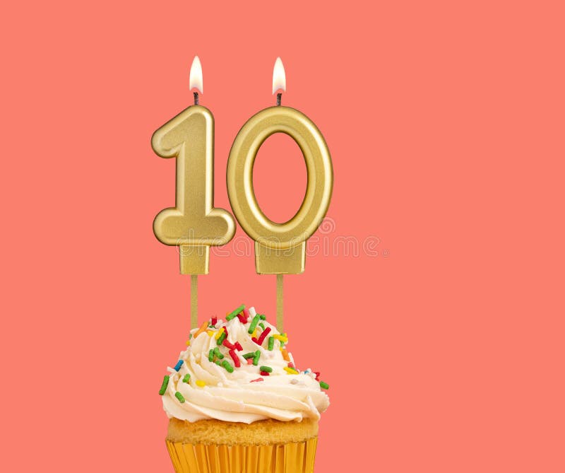 Birthday Number 10 - Golden Candle with Cupcake Stock Image - Image of ...