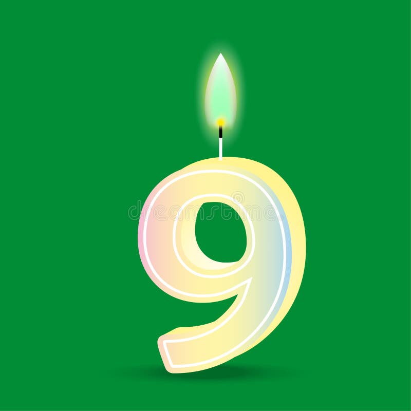Birthday Number Nine, Candle with Fire. 3D Number 9. Vector ...