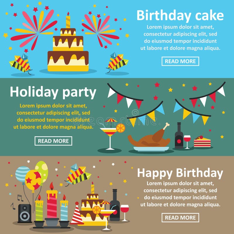 Birthday Party Banner Horizontal Set, Flat Style Stock Vector ...