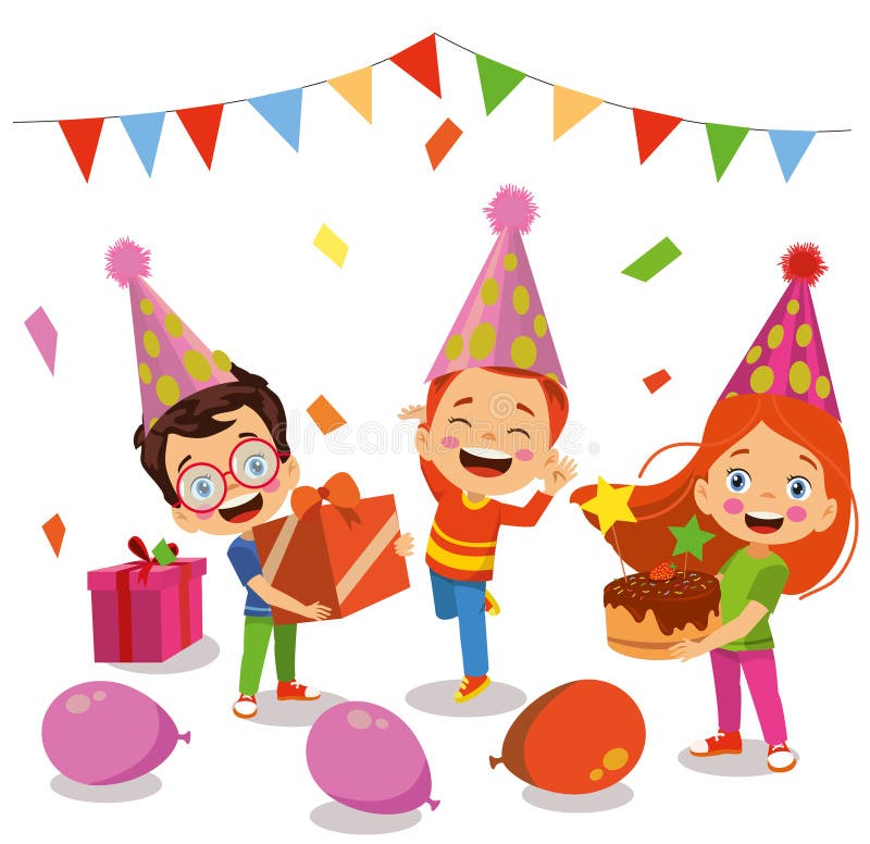 Birthday Party Birthday Cake and Cute Kids Stock Illustration ...