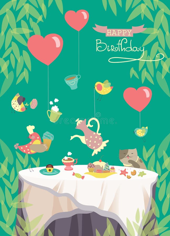 Birthday Party Card, Cute Birds and Table with Stock Vector ...