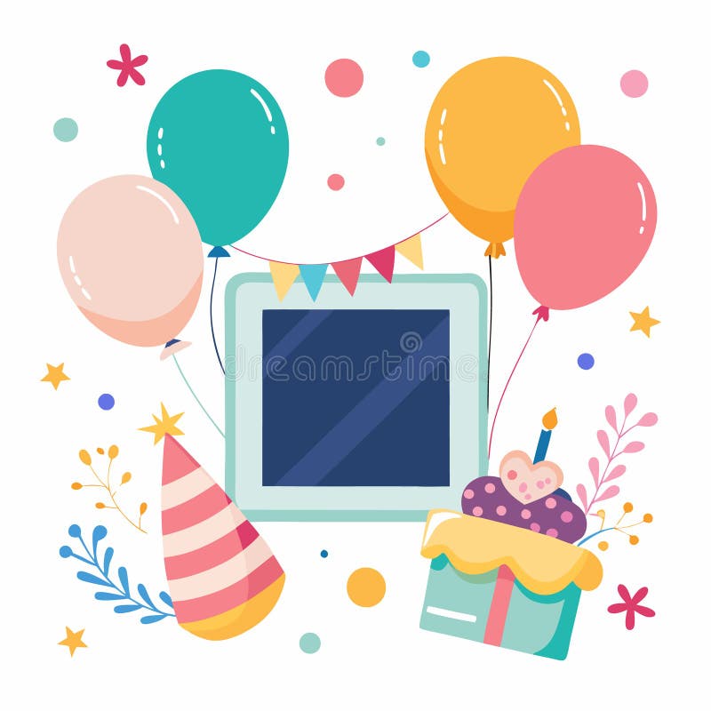 Birthday Party Frame with Balloons, Cake, and Hat Stock Vector ...