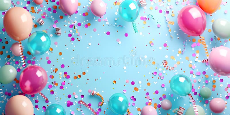 Birthday Party Frame with Balloons, Streamers and Confetti Background ...