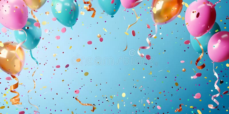 Birthday Party Frame with Balloons, Streamers and Confetti Background ...
