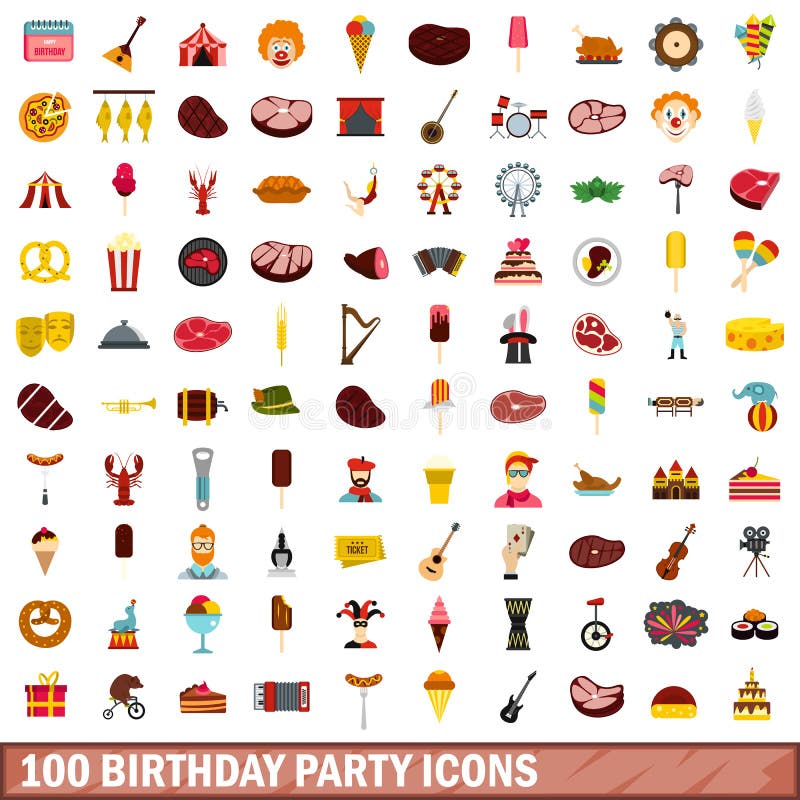 100 Birthday Party Icons Set, Flat Style Stock Vector - Illustration of ...