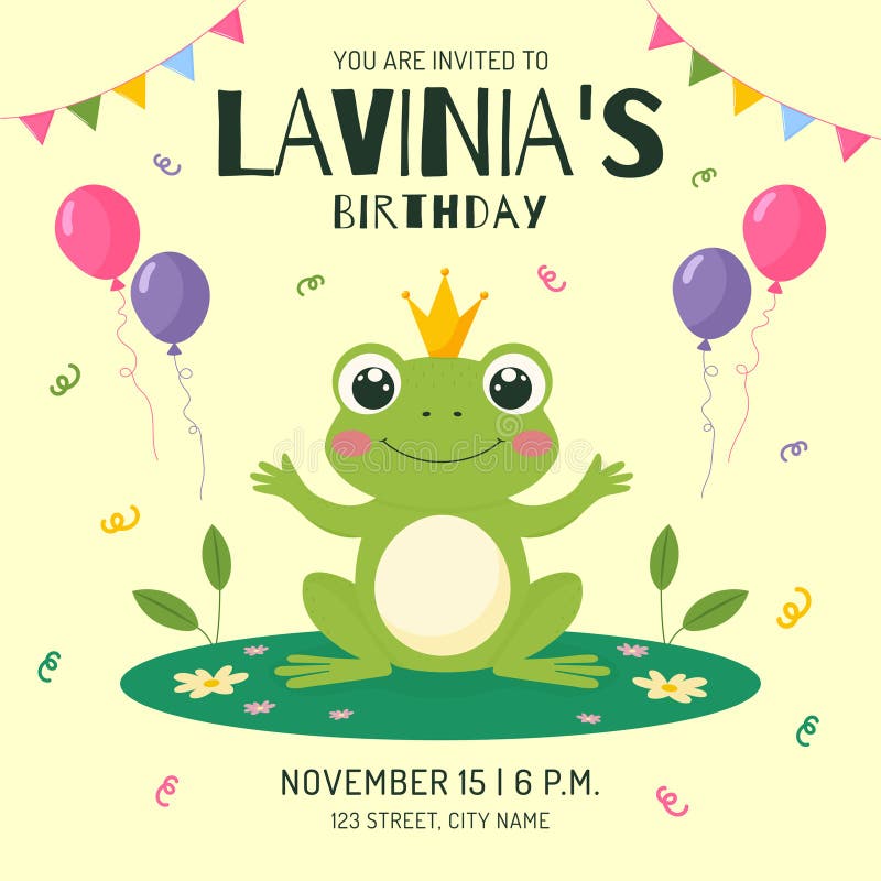Birthday Party Invitation Card with a Cute Frog Flat Vector ...