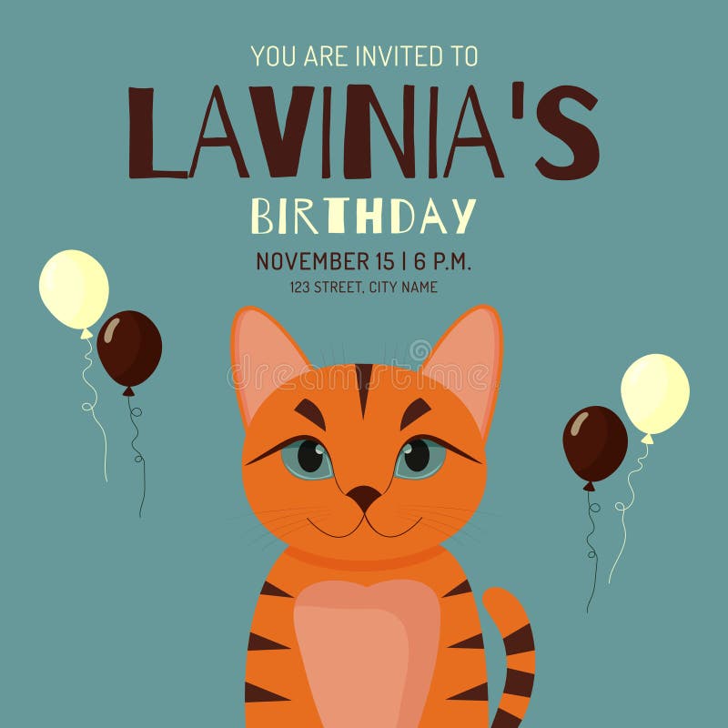 Birthday Party Invitation Card with Ginger Cat Vector Illustration ...