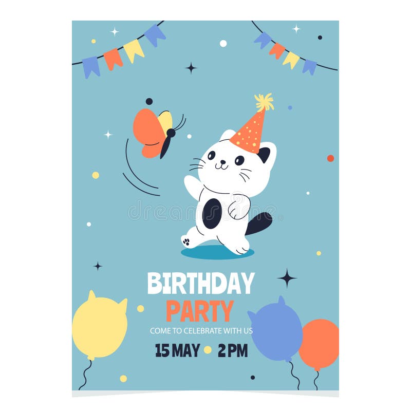 Birthday Party Invitation with a Cute Cartoon Cat Stock Vector ...