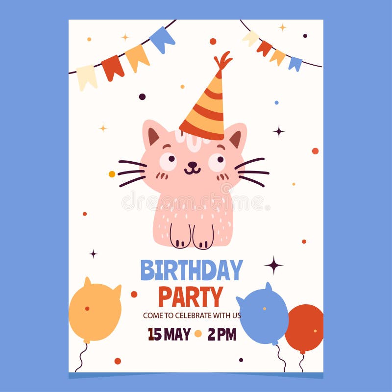 Birthday Party Invitation with Doodle Cat Character Stock Vector ...