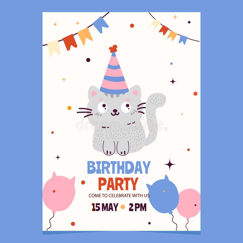 Birthday Party Invitation with Doodle Grey Cat Character Stock Vector ...