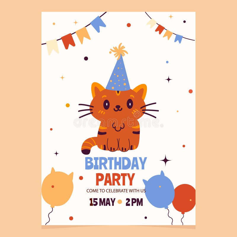 Birthday Party Invitation with Doodle Rude Cat Character Stock Vector ...
