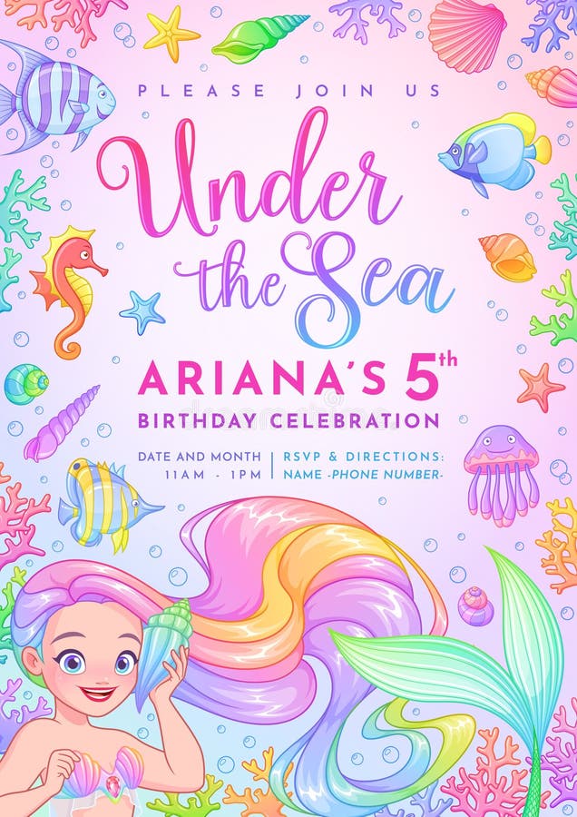 Birthday Party Invitation Vector Template with a Cute Mermaid Vector ...