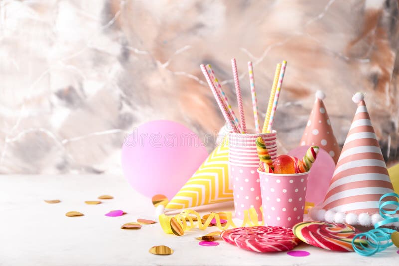 Birthday Party Items with Candies on Table Stock Image - Image of ...