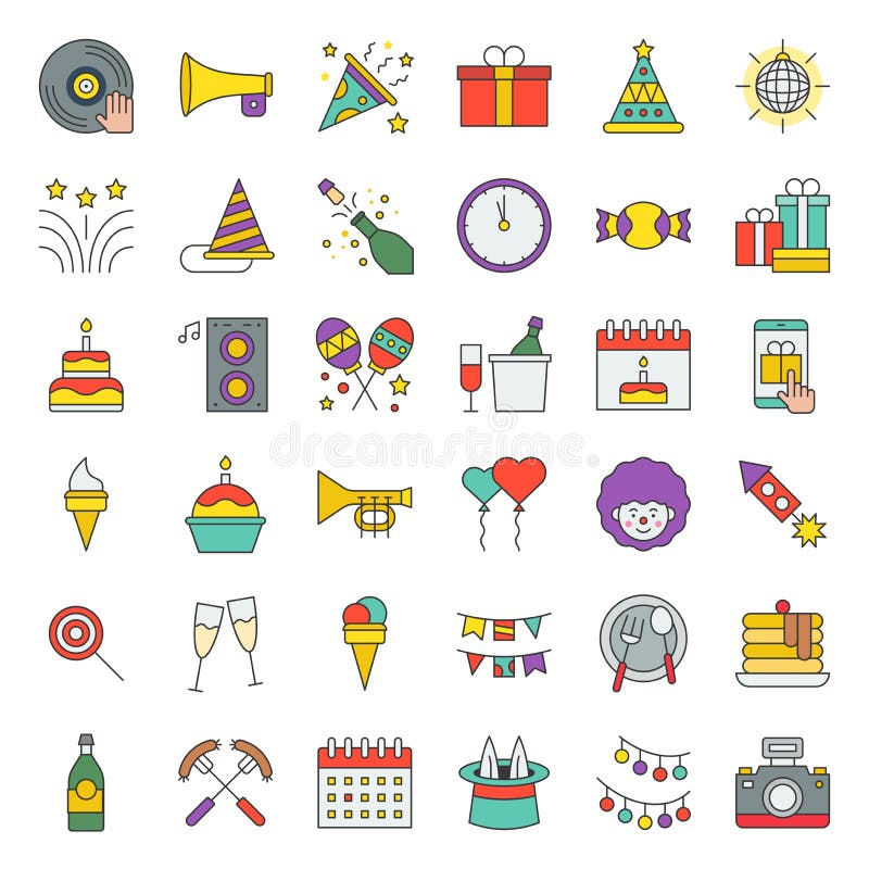 Birthday Party, Party Related Icon Set, Editable Stroke Filled Outline ...