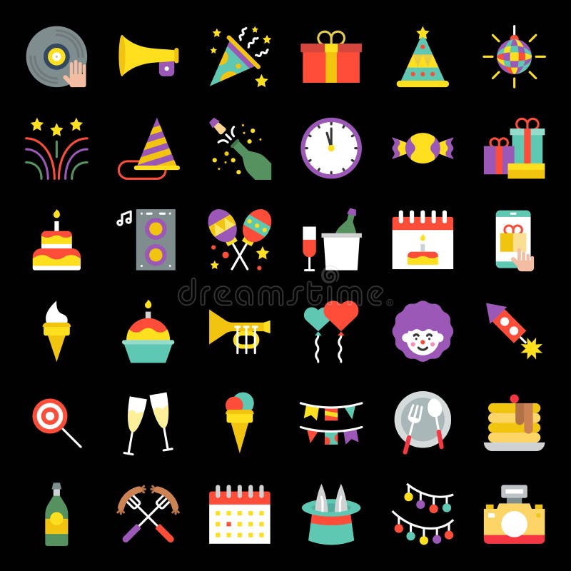 Birthday Party, Party Related Icon Set, Flat Design on Grid System ...