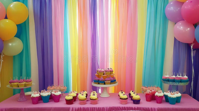 Birthday Party Table with Cupcakes, Streamers, and Balloons. . Stock ...