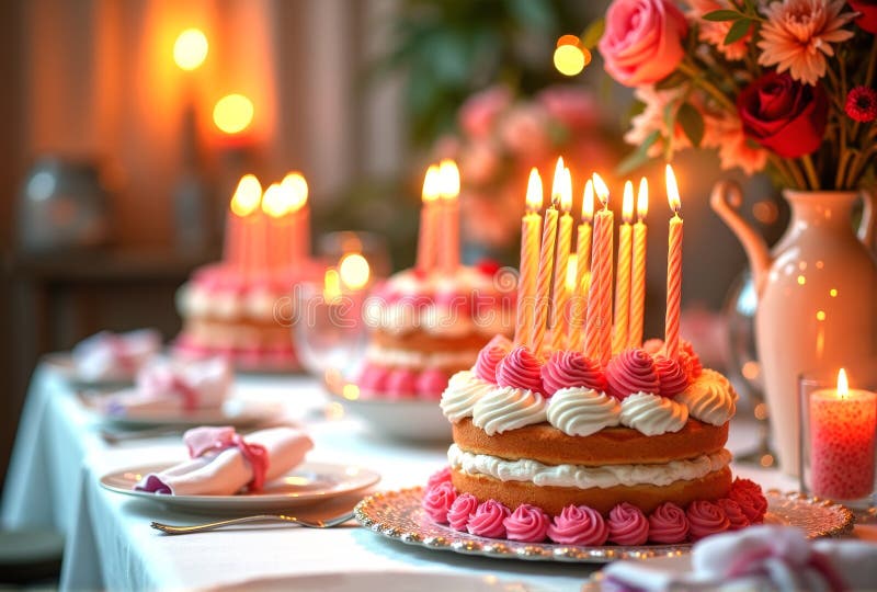 Birthday Party Table Set Up with a Cake Adorned with Burning Candles ...