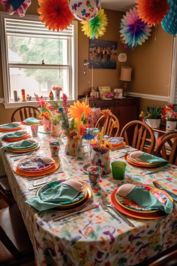Birthday Party Table Setting with Plates and Napkins Stock Illustration ...