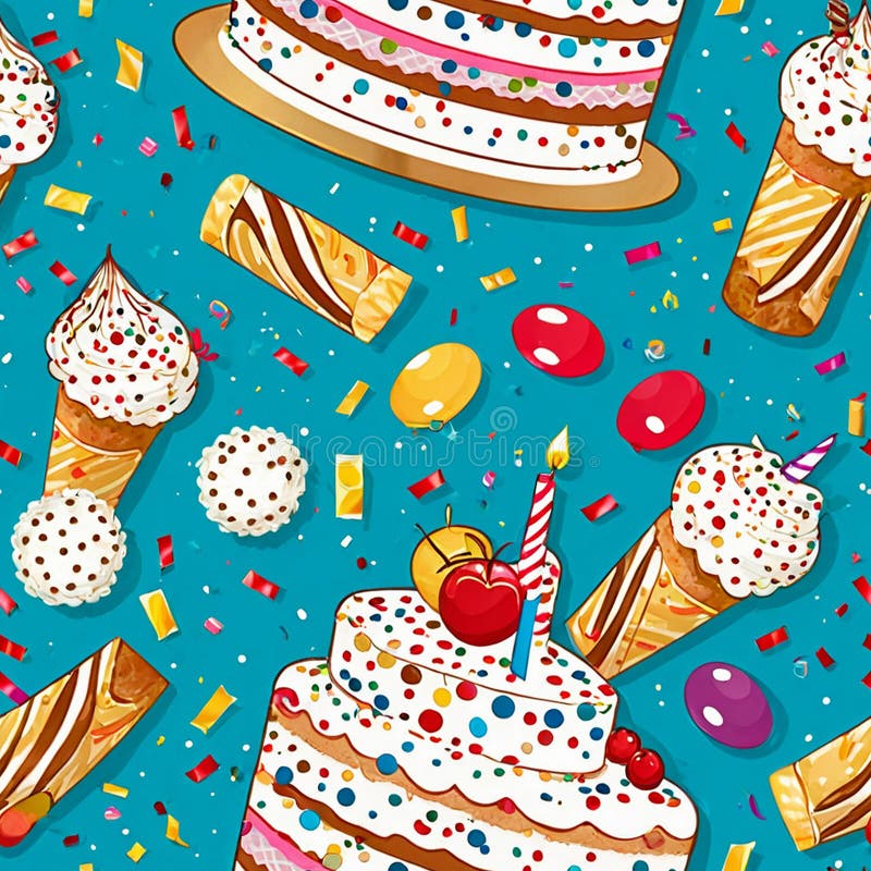 Birthday Pattern with Birthday Cake, Gift Boxes, Confetti and Balloons ...