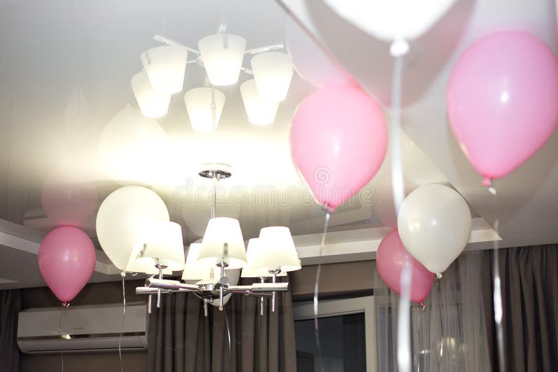 Birthday Pink Balloons Under the Ceiling at Home Stock Photo - Image of ...