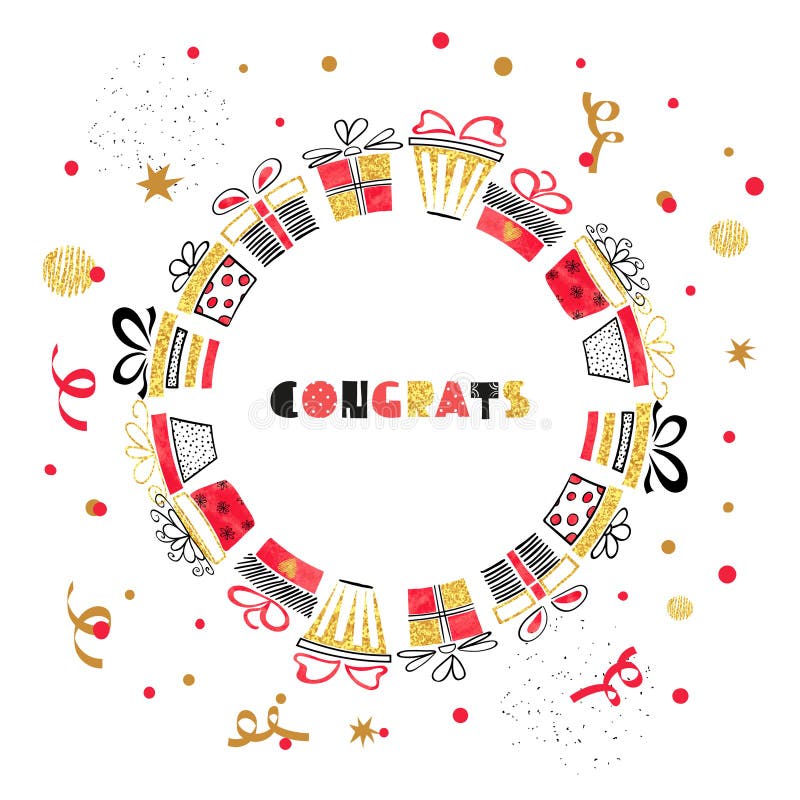 Birthday Round Card Design with Red and Golden Presents Stock Vector ...