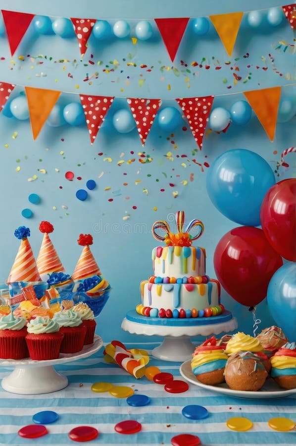 Birthday Scene with Cake, Streamers, Balloons, and Cupcakes on Table ...
