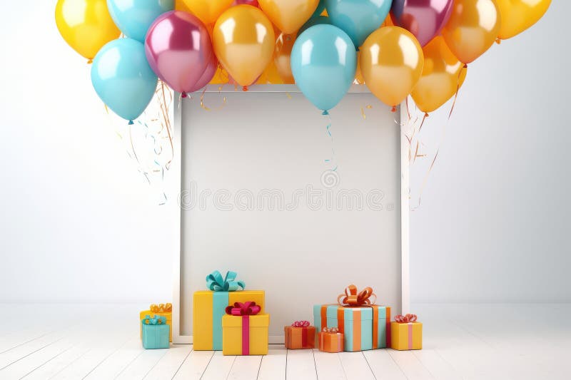Birthday Scene with Gift Boxes and Colorful Balloons Floating Alongside ...