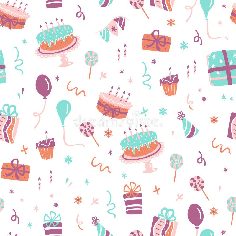 Birthday Seamless Pattern. Hand Drawn Celebration Elements Background ...
