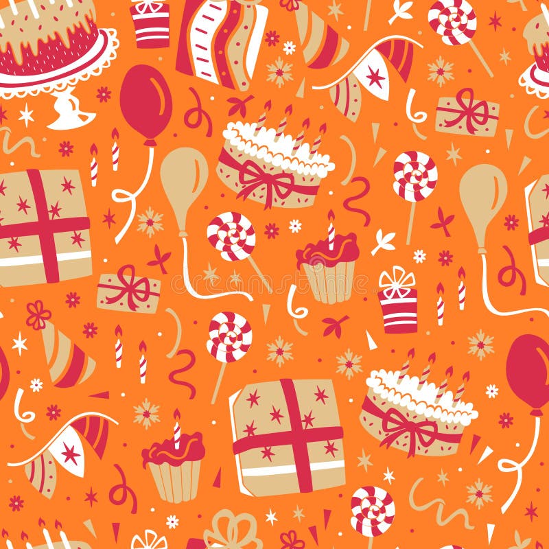Seamless Pattern with Gifts, Balloons, Confetti and Cakes. Stock Vector ...