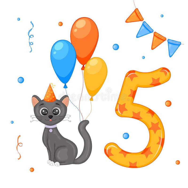 Birthday Set with Cat and Number Five. Cartoon Style Stock Illustration ...