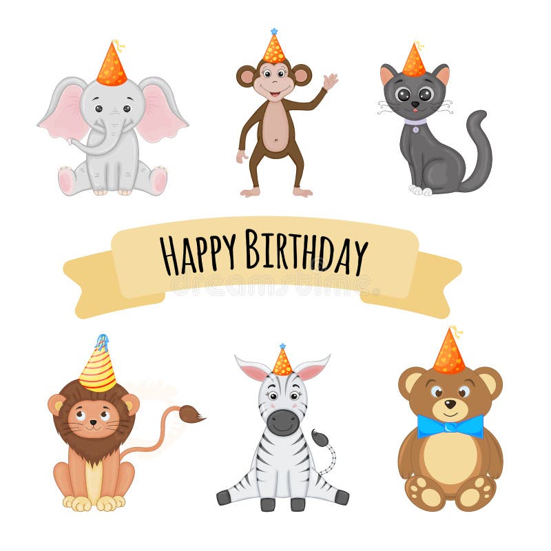 Birthday Set with Cute Animals on a White Background. Cartoon Style ...