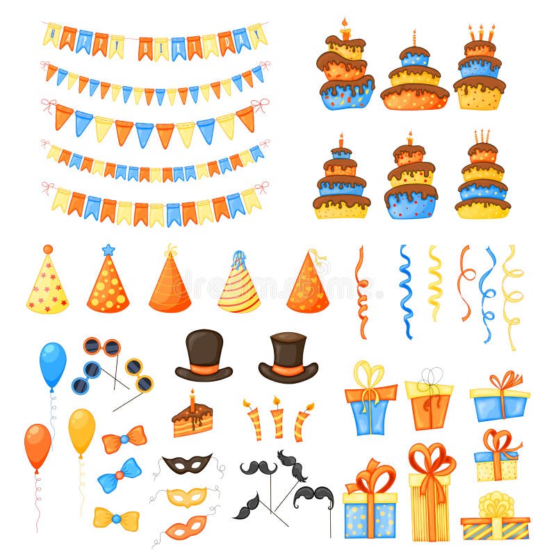 Birthday Set with Holiday Items on a White Background. Cartoon Style ...