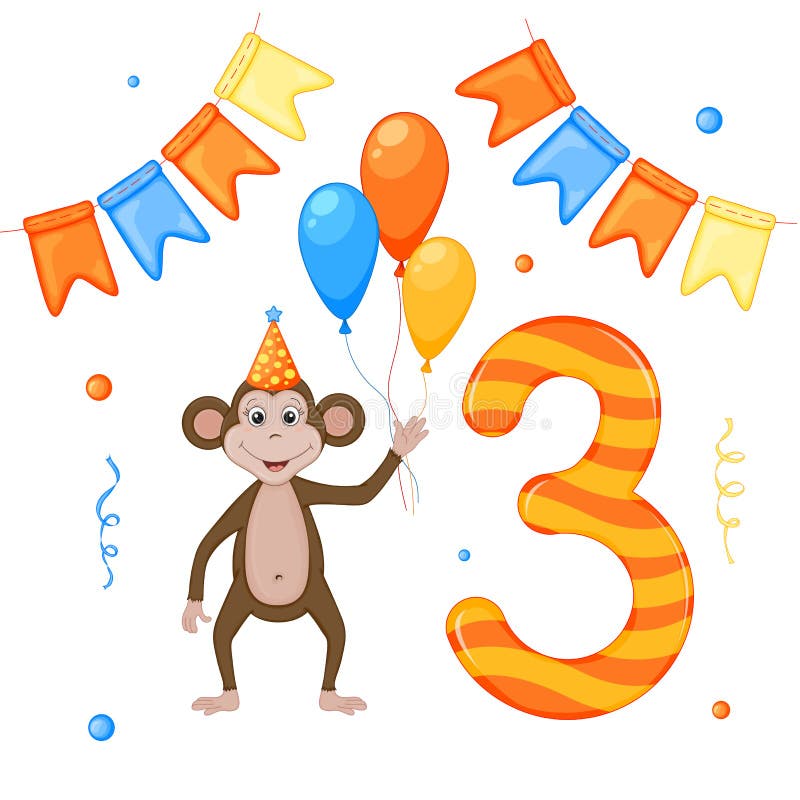 Birthday Set with Monkey and Number Three. Cartoon Style Stock ...