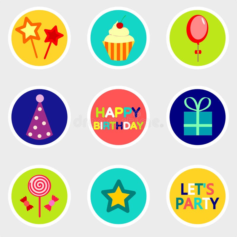 Birthday Stickers Set with Icon Stock Vector - Illustration of element ...