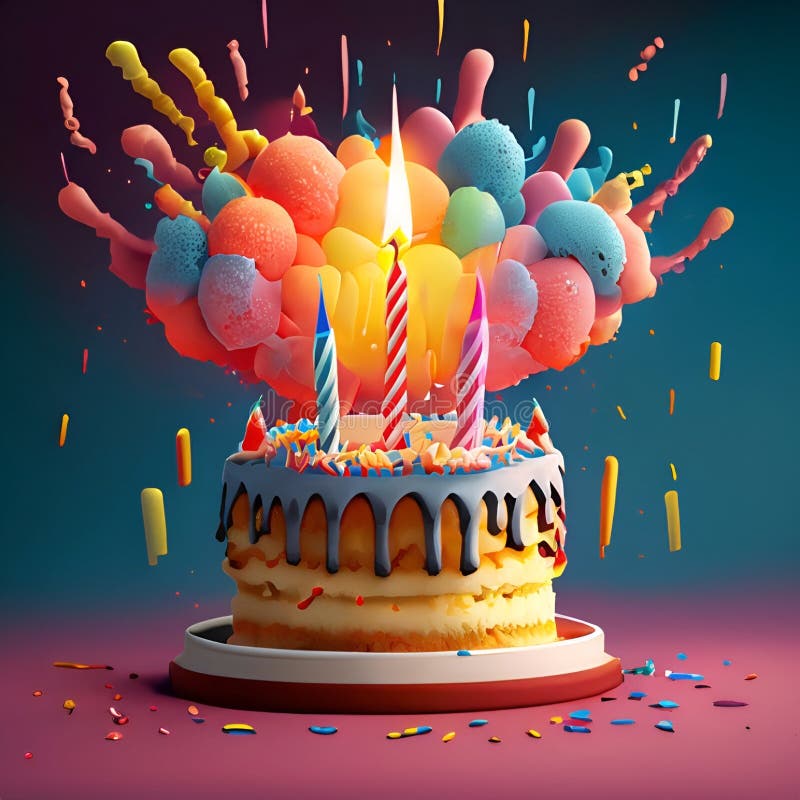 Birthday Sweet Cake with Candle Explosive Colours Background Stock ...