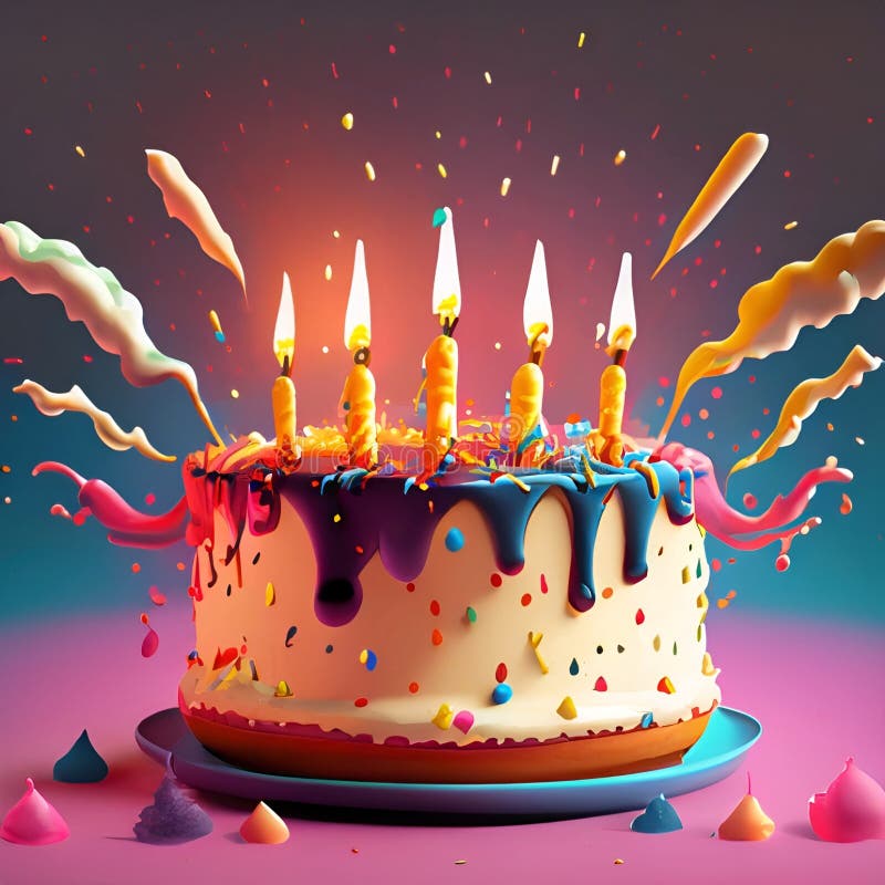 Birthday Sweet Cake with Candle Explosive Colours Background Stock ...