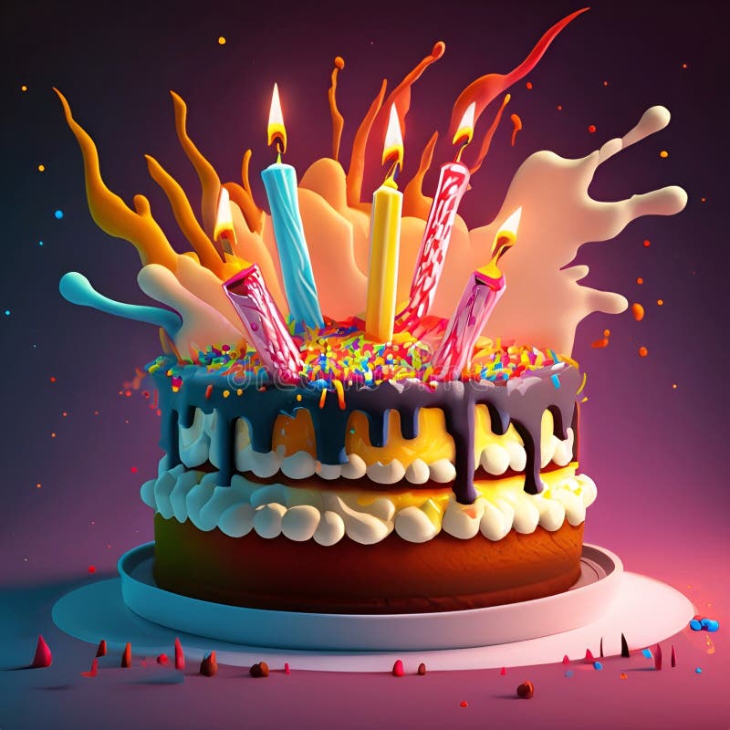 Birthday Sweet Cake with Candle Explosive Colours Background Stock ...