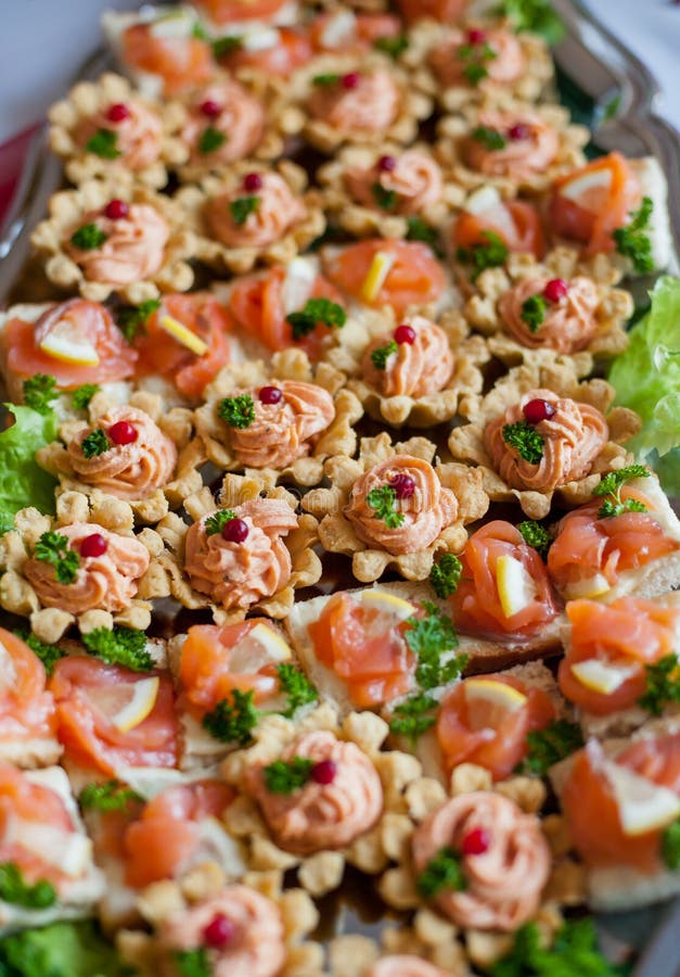 Birthday Table with Food. Snacks and Appetizer on the Table. Fish and ...