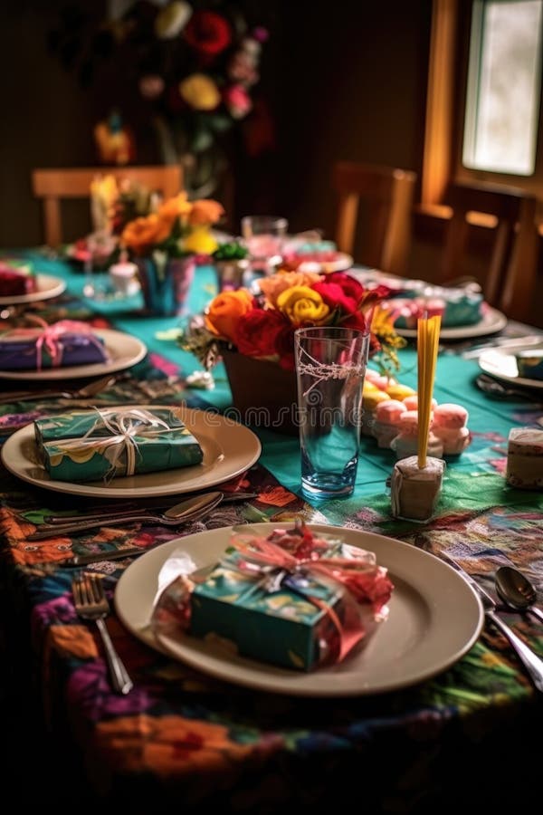 Birthday Table Setting with Plates, Napkins, and Party Favors Stock ...