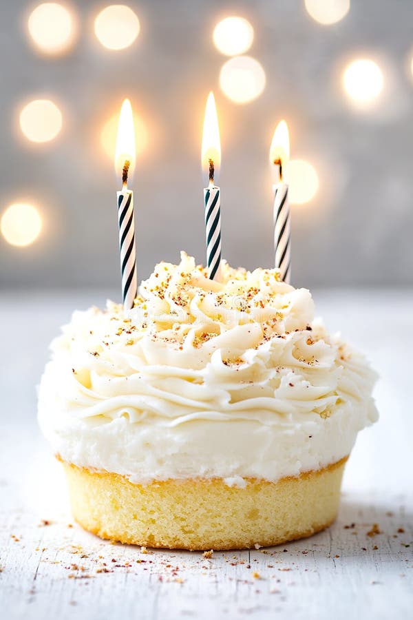 Birthday Vanilla Cupcake Three Lit Candles Stock Photos - Free ...