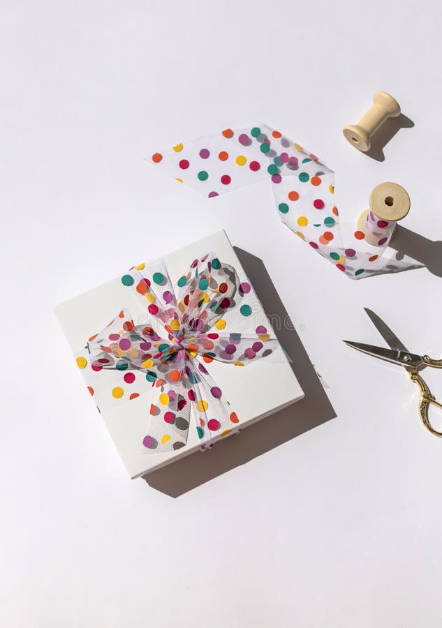 Birthday White Gift Box with Colorful Polka Dot Pattern Ribbon. Stock ...