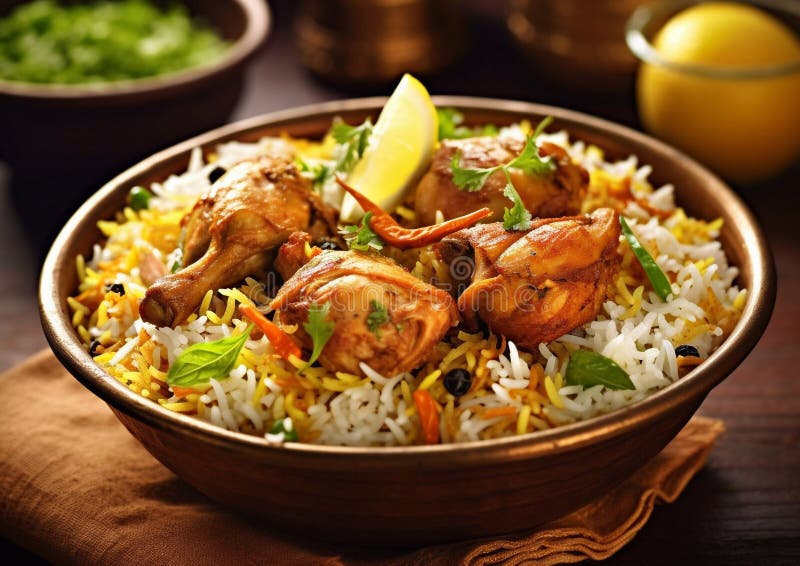 Biryani with Chicken,basmati Rice and Vegetables in Pan on Table.Macro ...