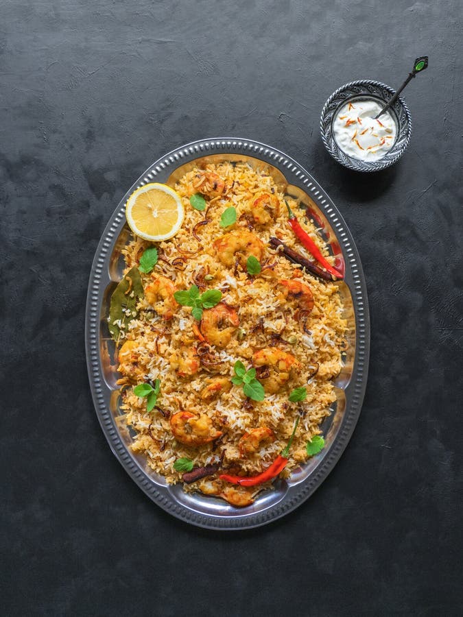 Biryani with Shrimp. Tasty and Delicious Prawns Biryani, Top View Stock ...