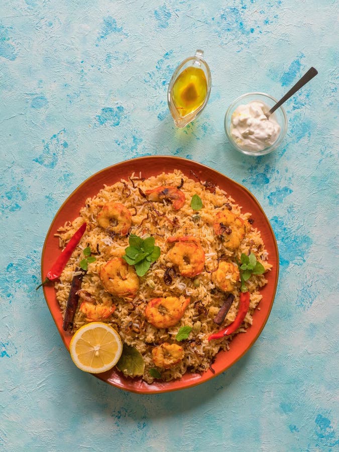 Biryani with Shrimp. Tasty and Delicious Prawns Biryani, Top View Stock ...