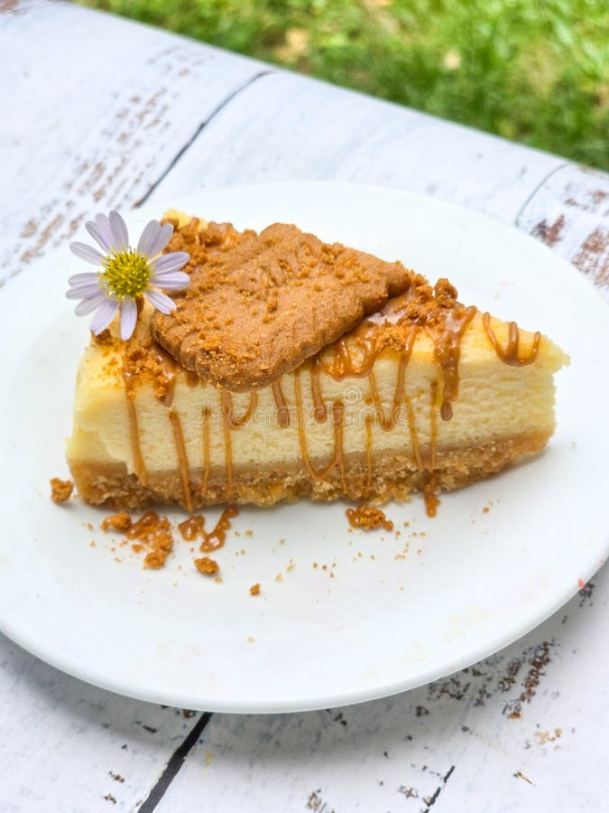Biscoff Cheesecake with Biscoff Biscuit and Edible Flower on Top Stock ...