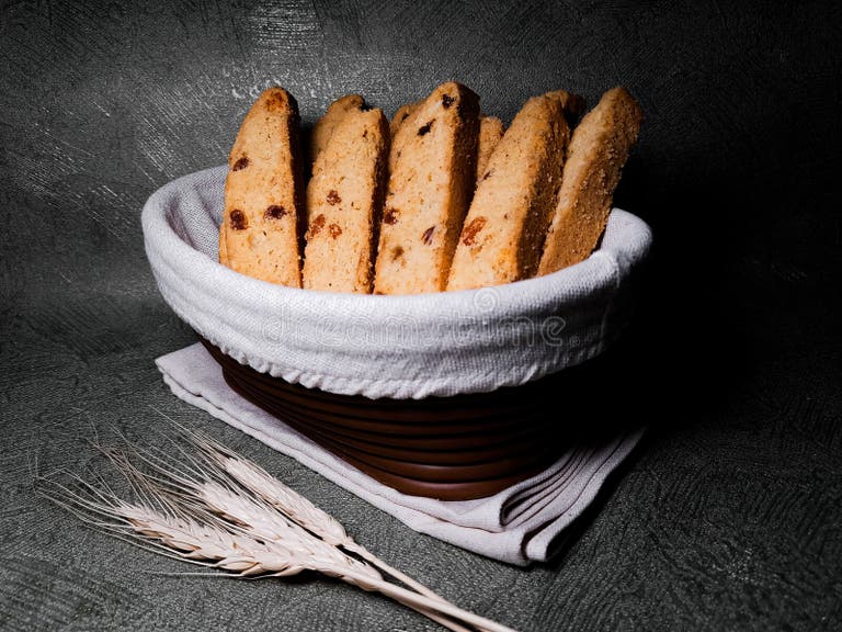 Biscotti Biscuits with Raisin Serving in the Basket Stock Image - Image ...