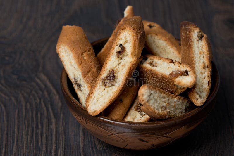 Biscotti with Raisins in a Bowl, Close-up Stock Photo - Image of ...