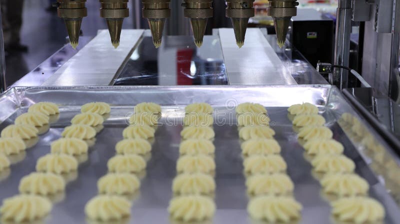 Automated Biscuit Cookies Production Processing Plant Conveyor. Stock ...