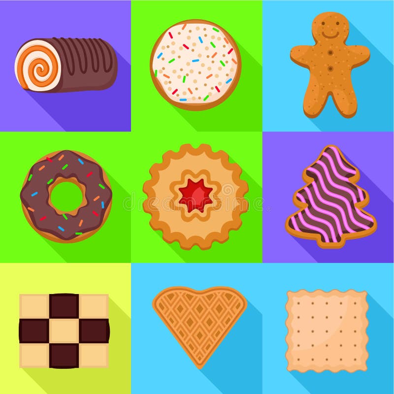 Biscuit Icons Set, Flat Style Stock Vector - Illustration of chocolate ...