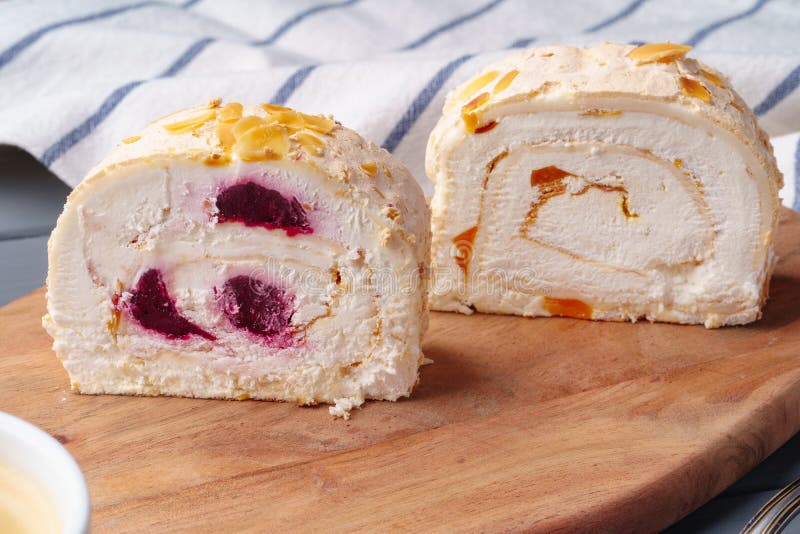 Biscuit Roulade with Cherry on Wooden Board Stock Photo - Image of bake ...
